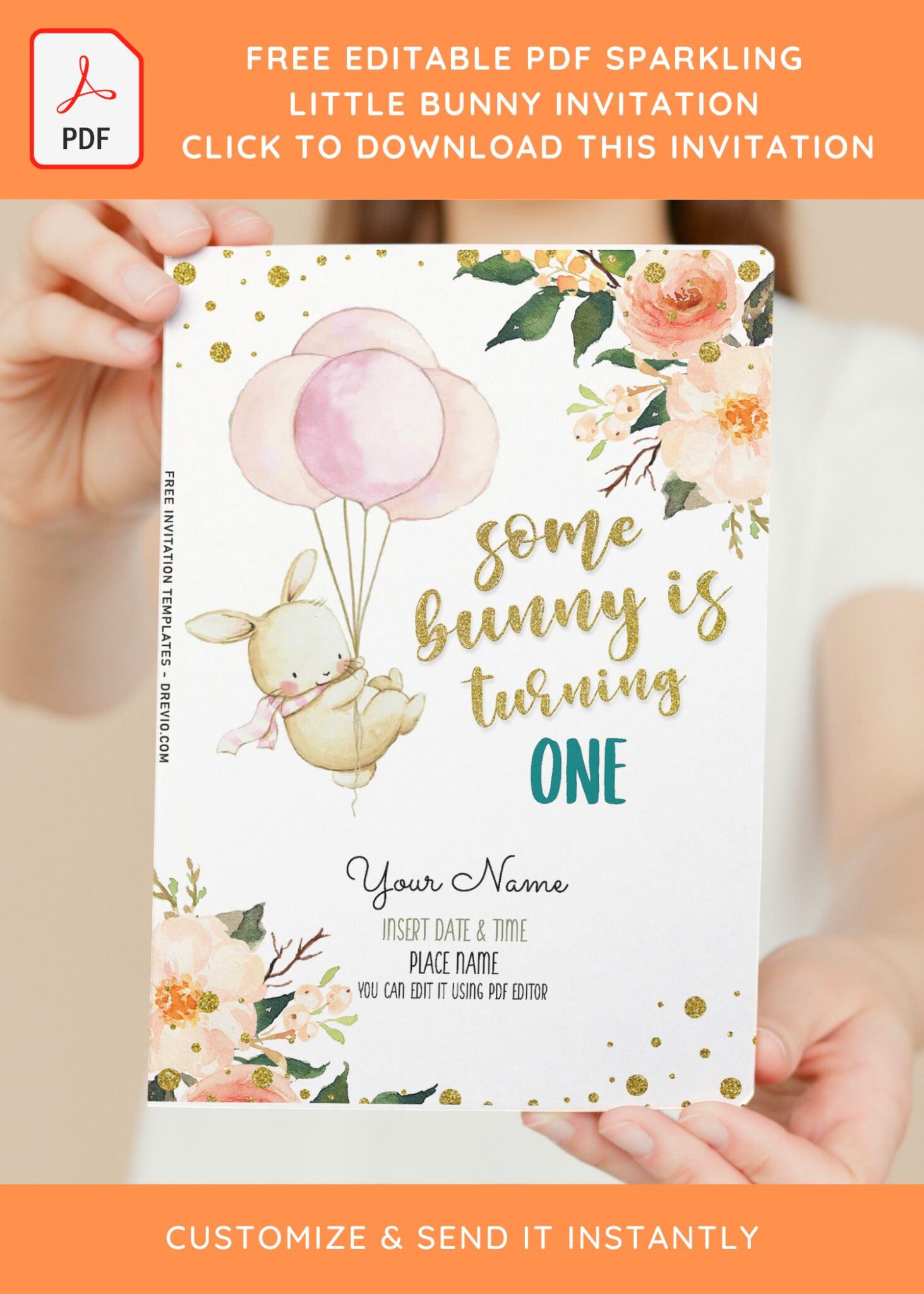 (Free Editable PDF) Sparkling Little Bunny Birthday Invitation Templates