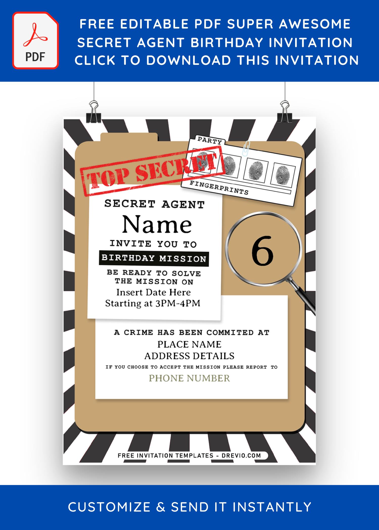 (Free Editable PDF) Super Awesome Secret Agent Birthday Invitation ...
