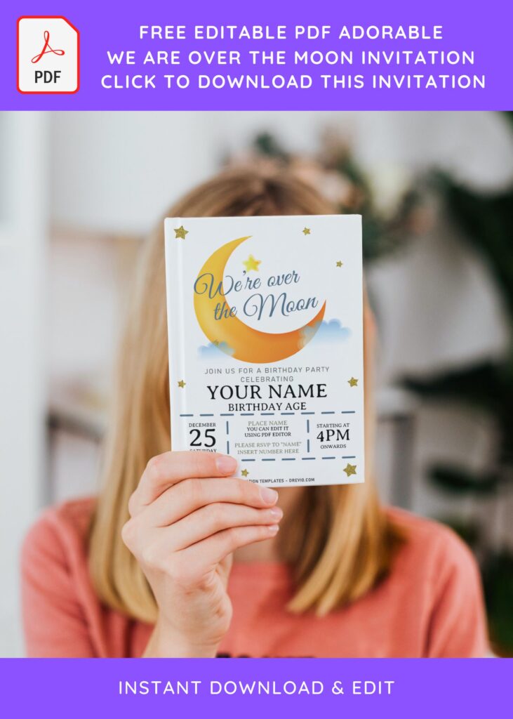 (Free Editable PDF) We Are Over The Moon Birthday Invitation Templates
