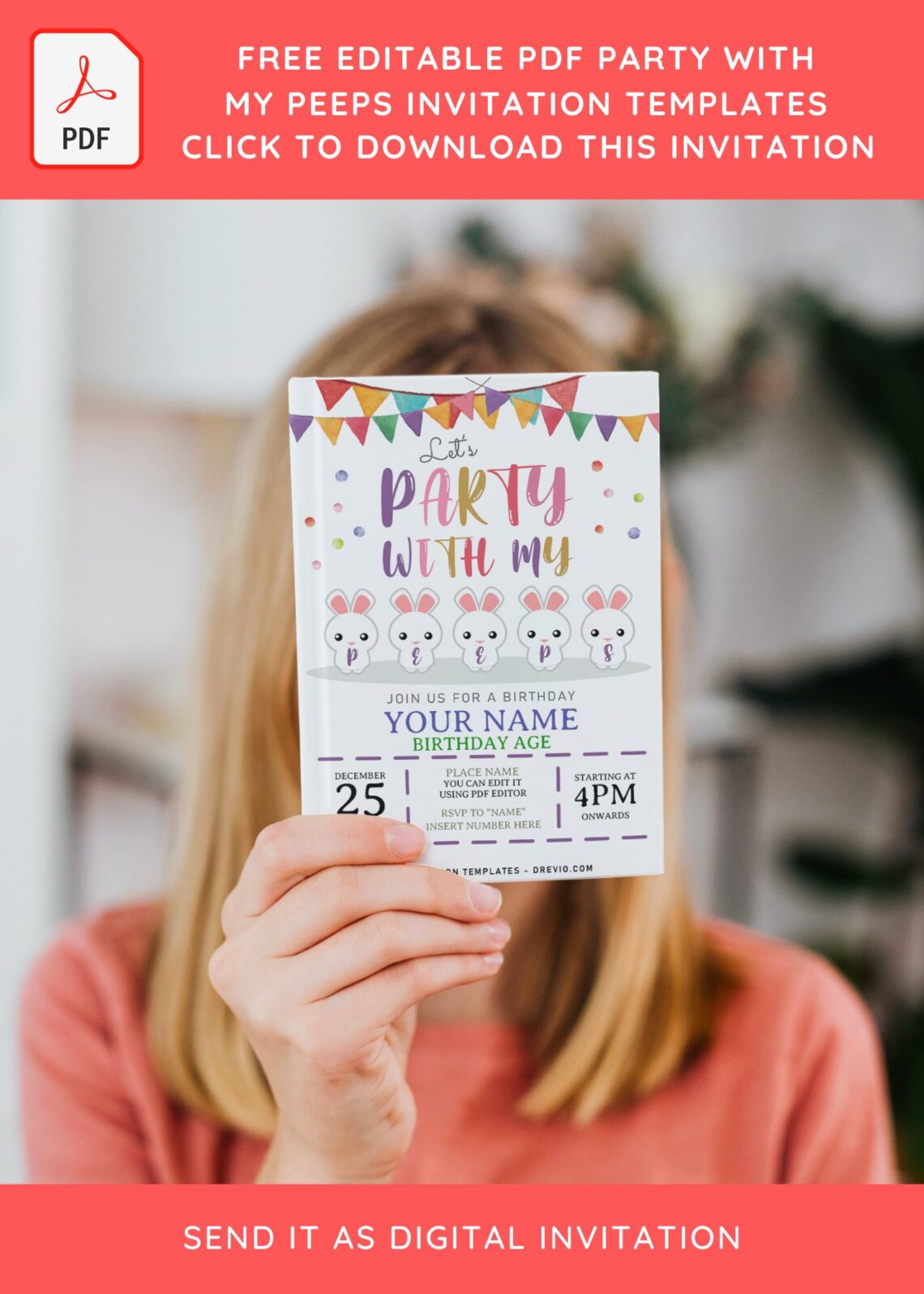 (Free Editable PDF) Lovely Party With My Peeps Kids Birthday Invitation