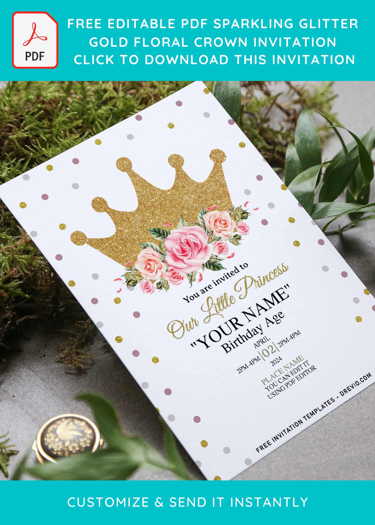 (Free Editable PDF) Sparkling Glitter Gold Floral Crown Invitation ...