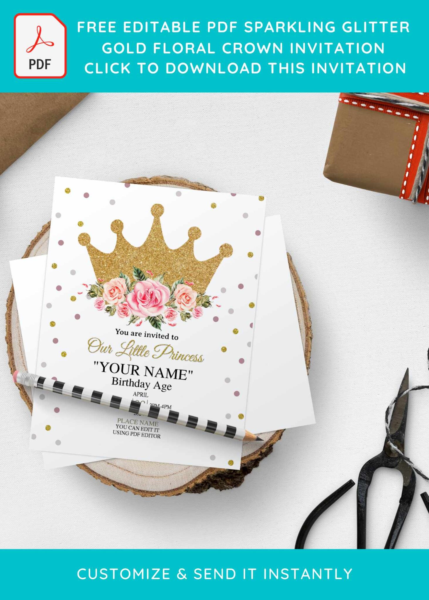 (Free Editable PDF) Sparkling Glitter Gold Floral Crown Invitation ...