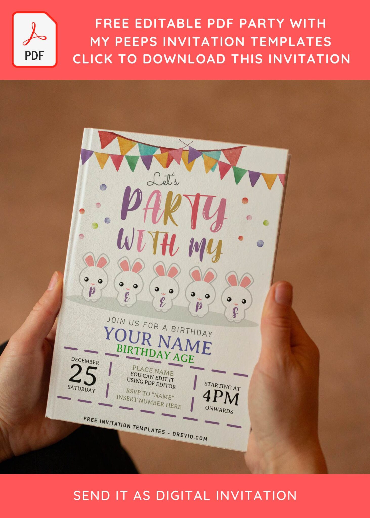 (Free Editable PDF) Lovely Party With My Peeps Kids Birthday Invitation