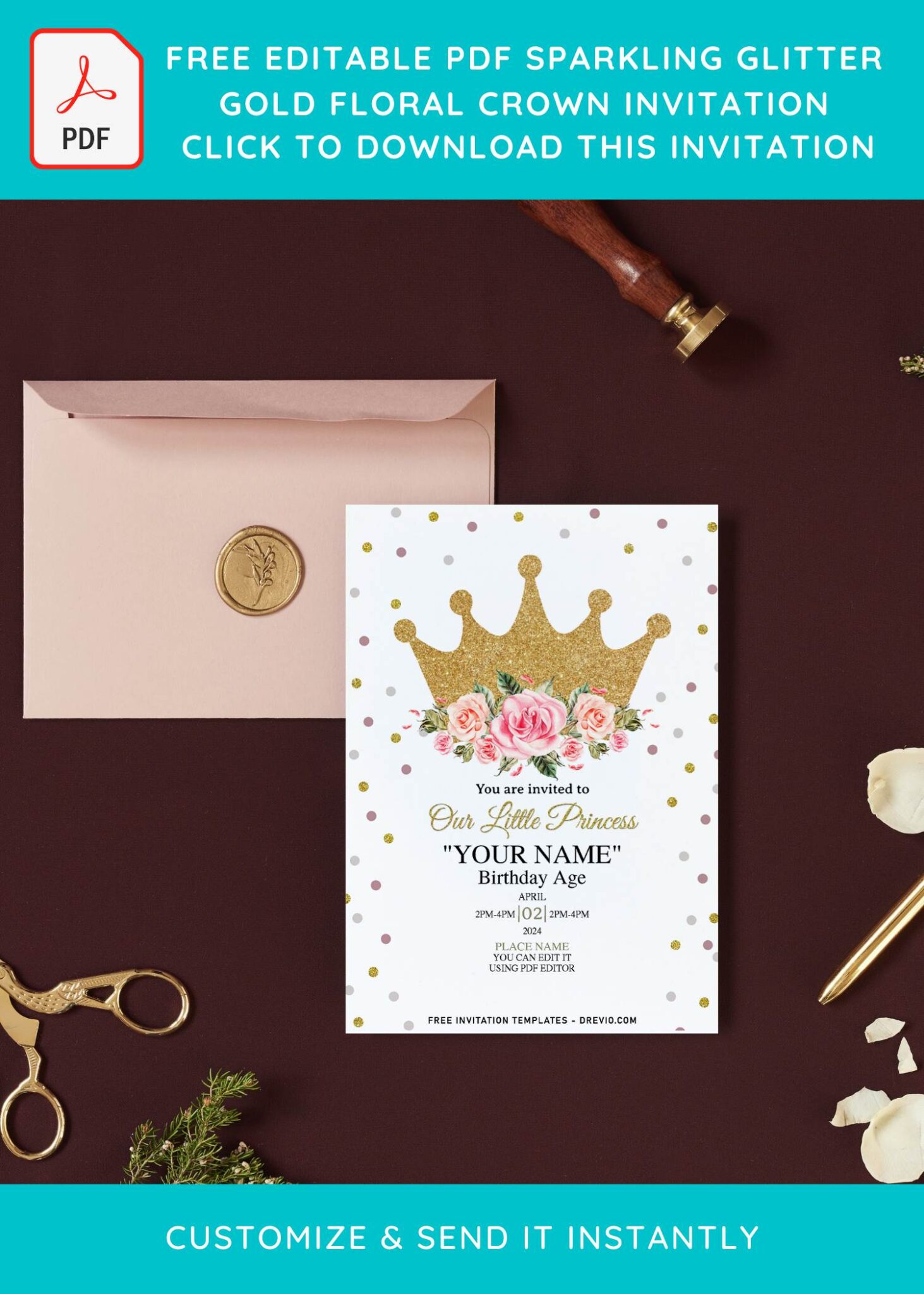 (Free Editable PDF) Sparkling Glitter Gold Floral Crown Invitation ...