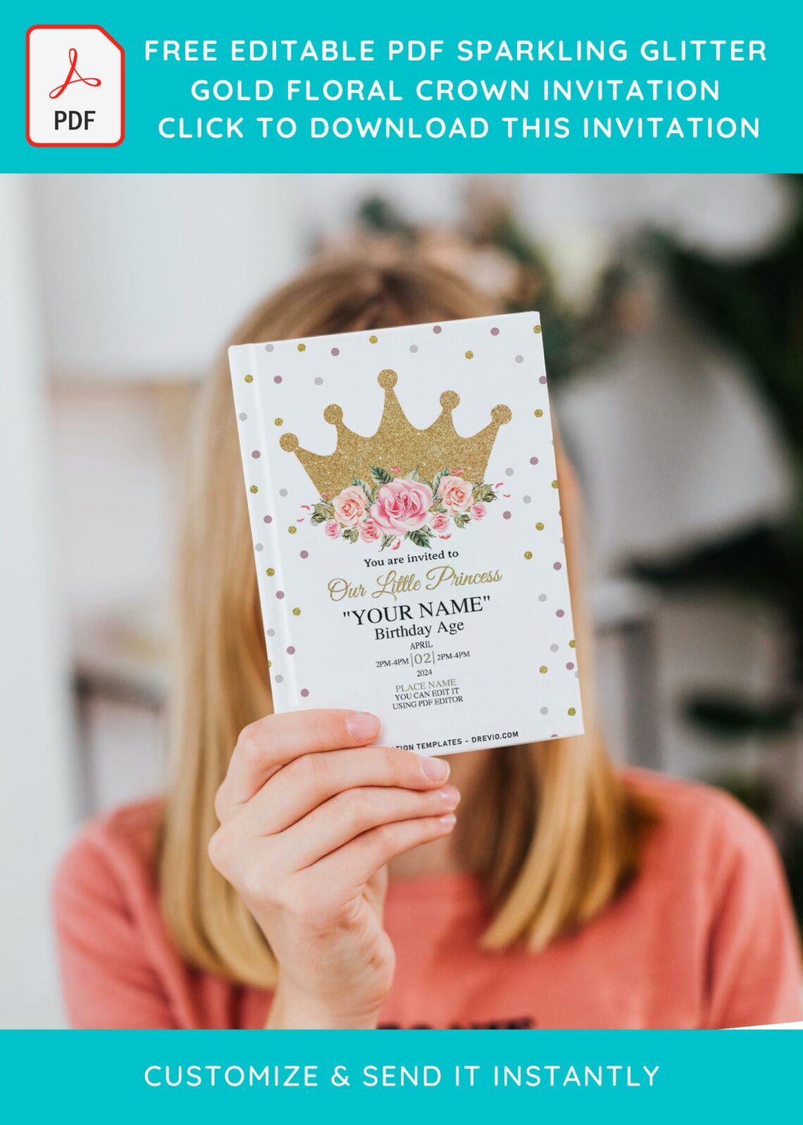 (Free Editable PDF) Sparkling Glitter Gold Floral Crown Invitation ...