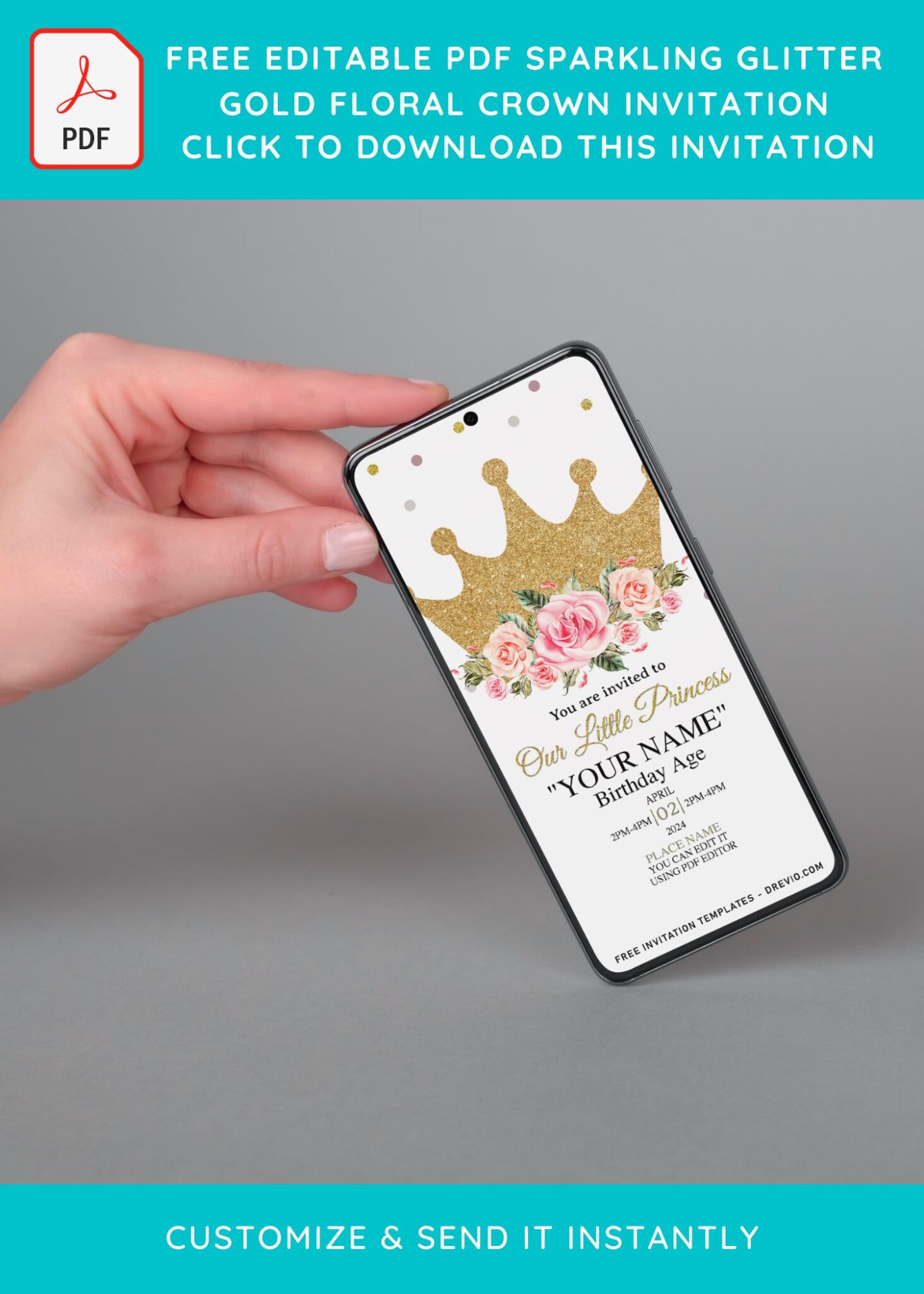 (Free Editable PDF) Sparkling Glitter Gold Floral Crown Invitation ...