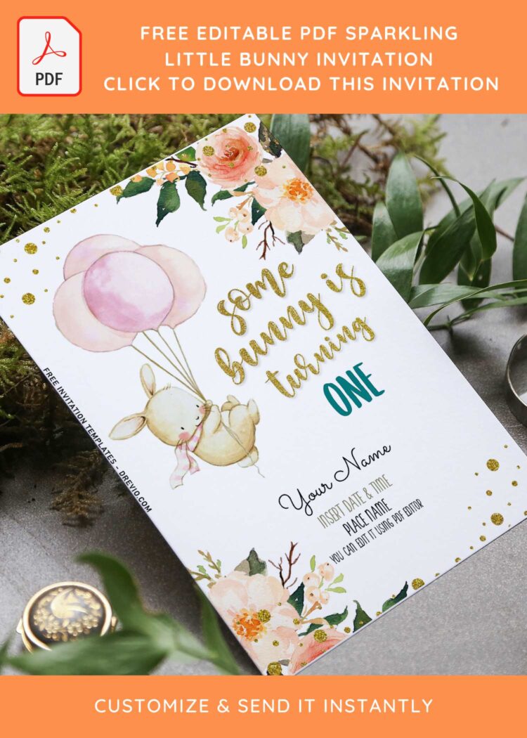 (Free Editable PDF) Sparkling Little Bunny Birthday Invitation Templates