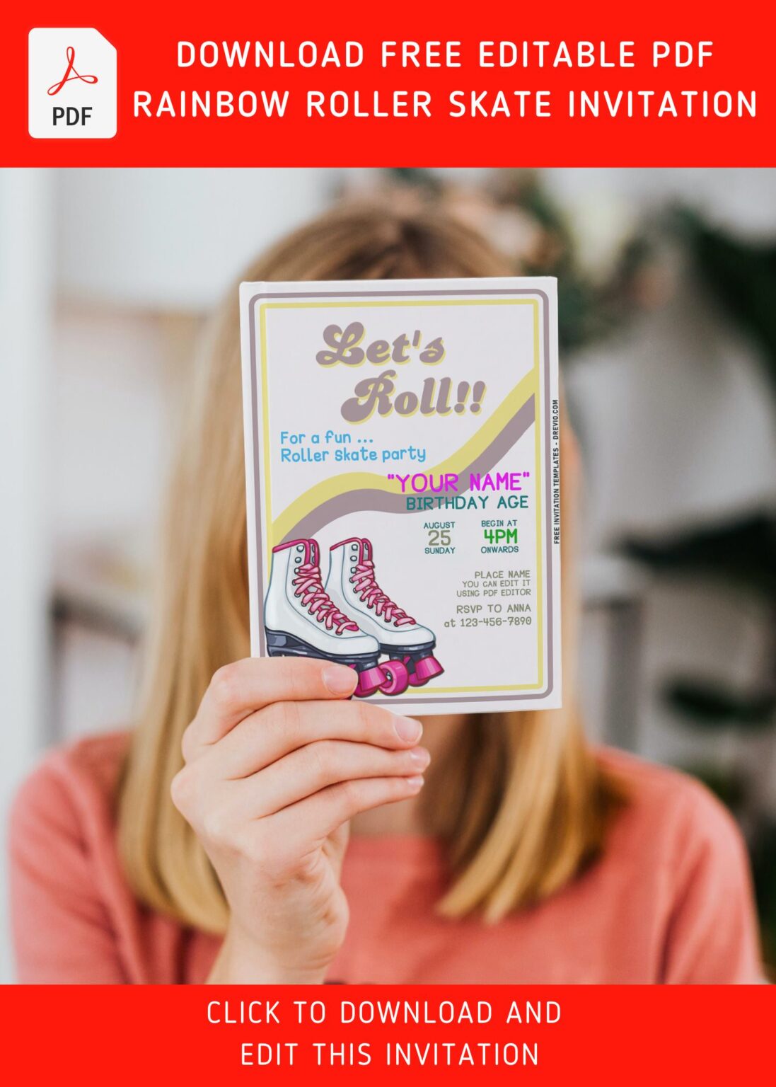 (Free Editable PDF) Let's Roll Roller Skating Birthday Invitation Templates