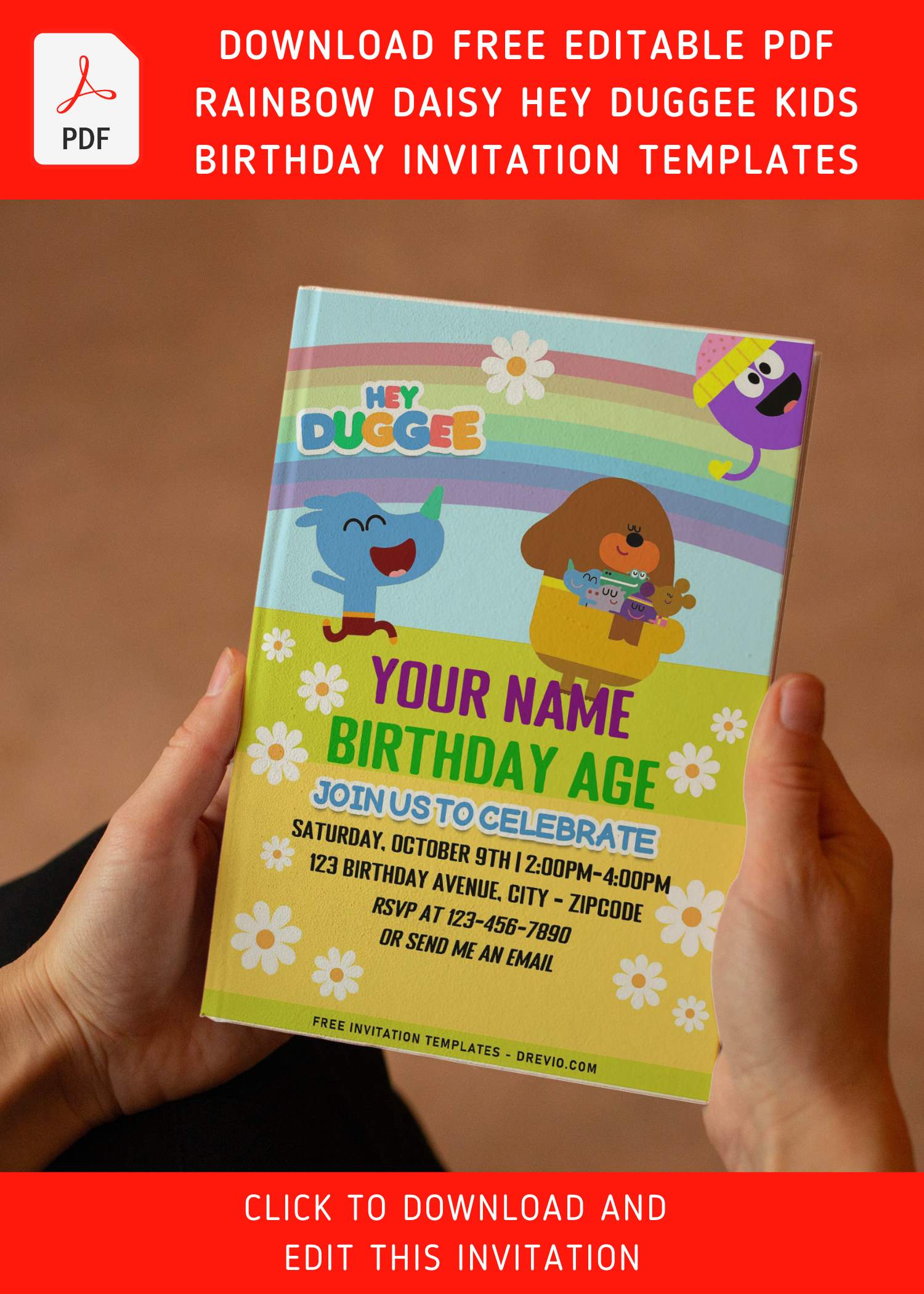 (Free Editable PDF) Rainbow Daisy Hey Duggee Birthday Invitation Templates