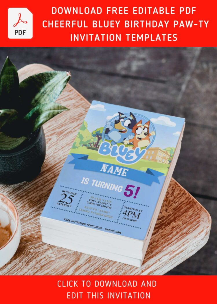 (Free Editable PDF) Cheerful Bluey Birthday PAW-TY Invitation Templates