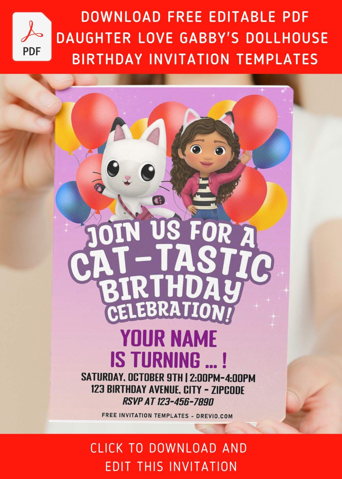 (Free Editable PDF) CAT-TASTIC Gabby's Dollhouse Birthday Invitation ...