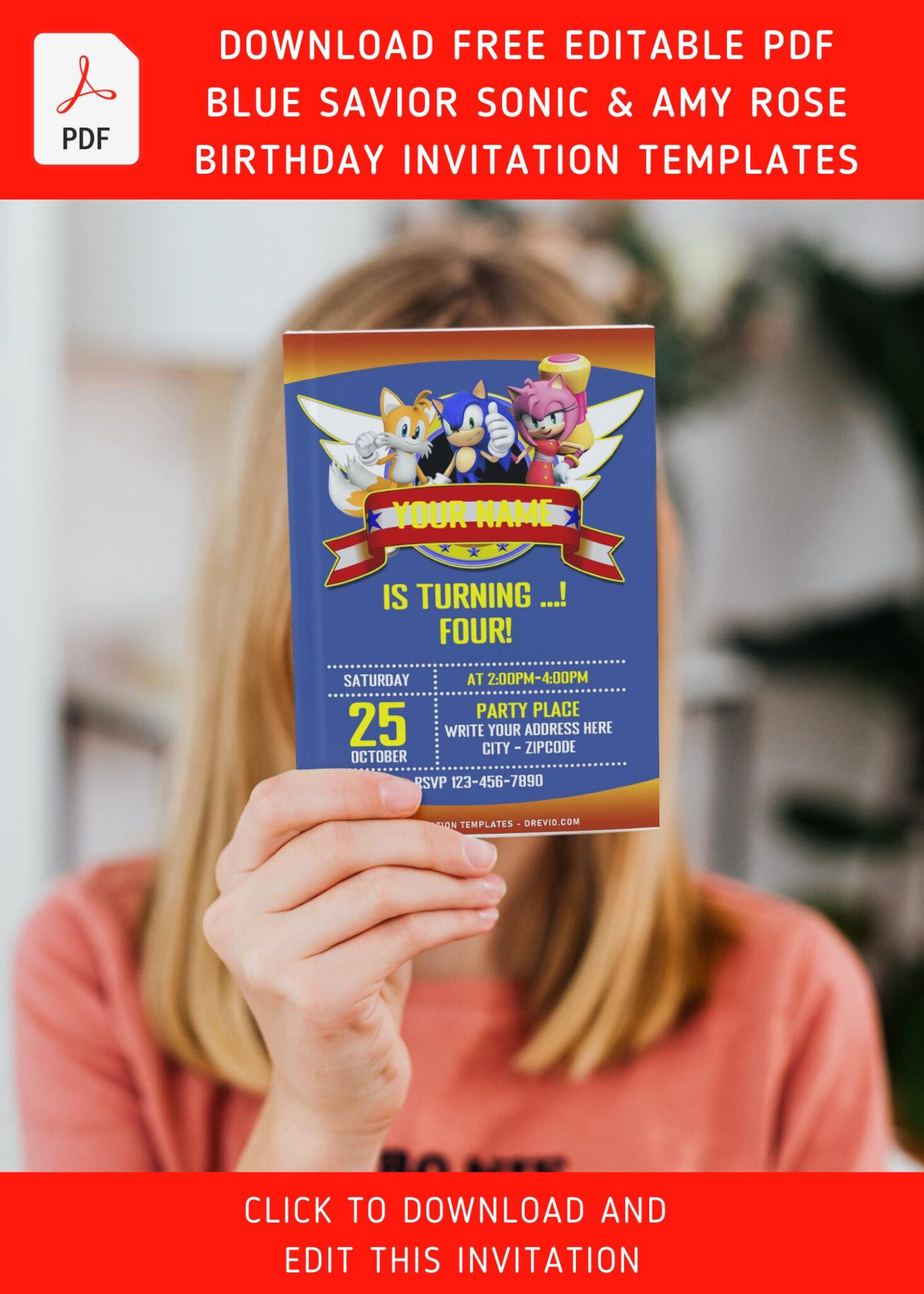 (Free Editable PDF) Blue Savior Sonic & Amy Rose Birthday Invitation ...