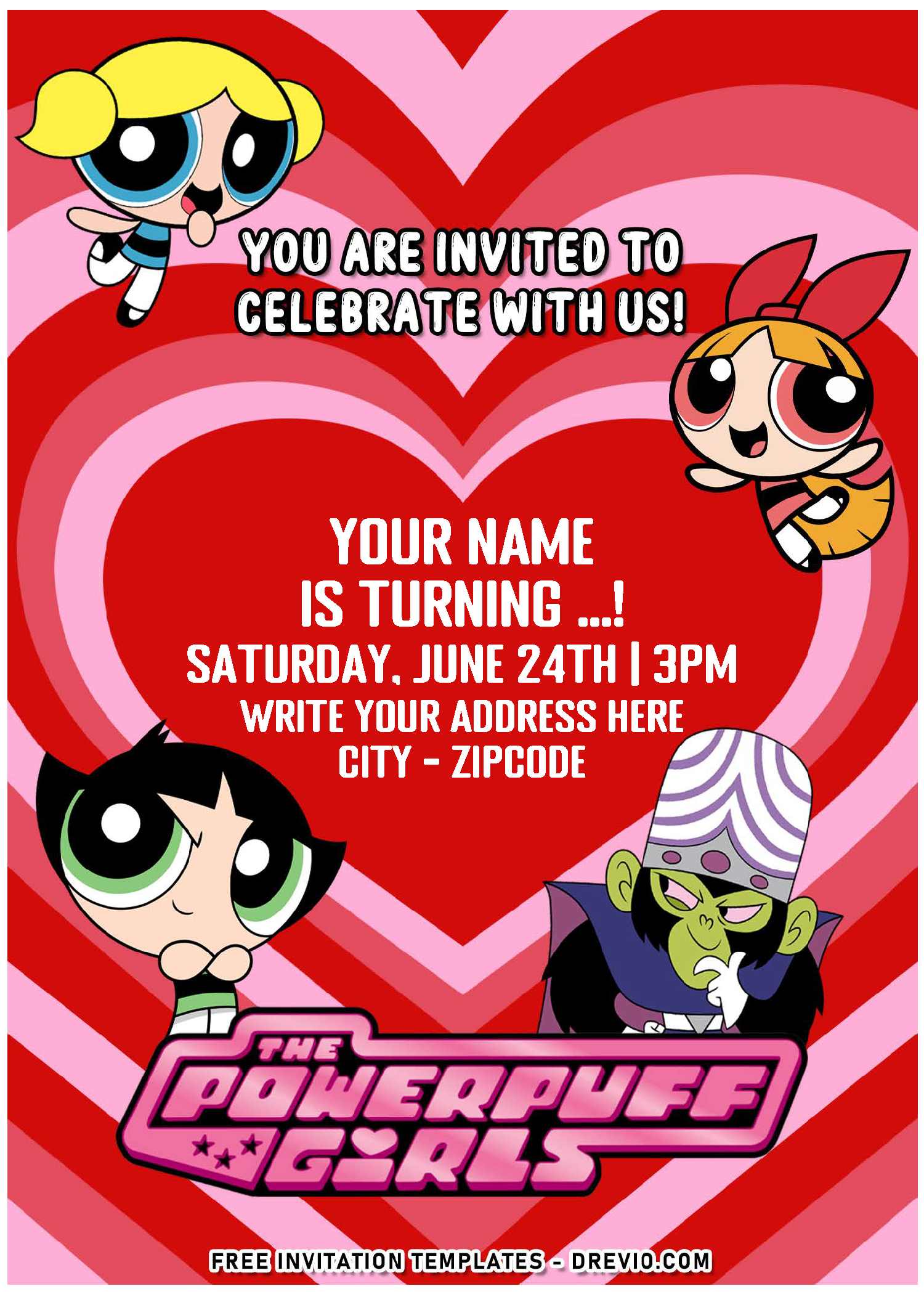 (Free Editable PDF) Pink Heart Powerpuff Girls Birthday Invitation ...