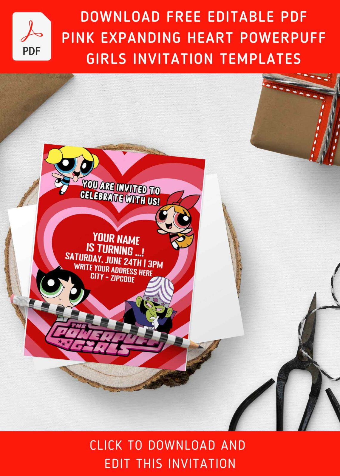 (Free Editable PDF) Pink Heart Powerpuff Girls Birthday Invitation ...