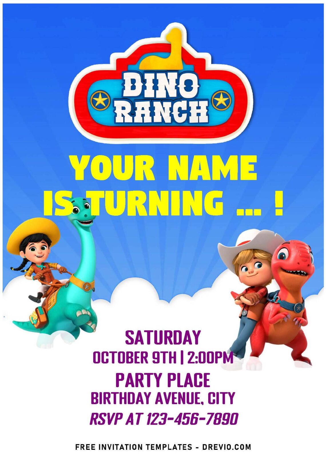(Free Editable PDF) Playful Energetic Dino Ranch Birthday Invitation ...