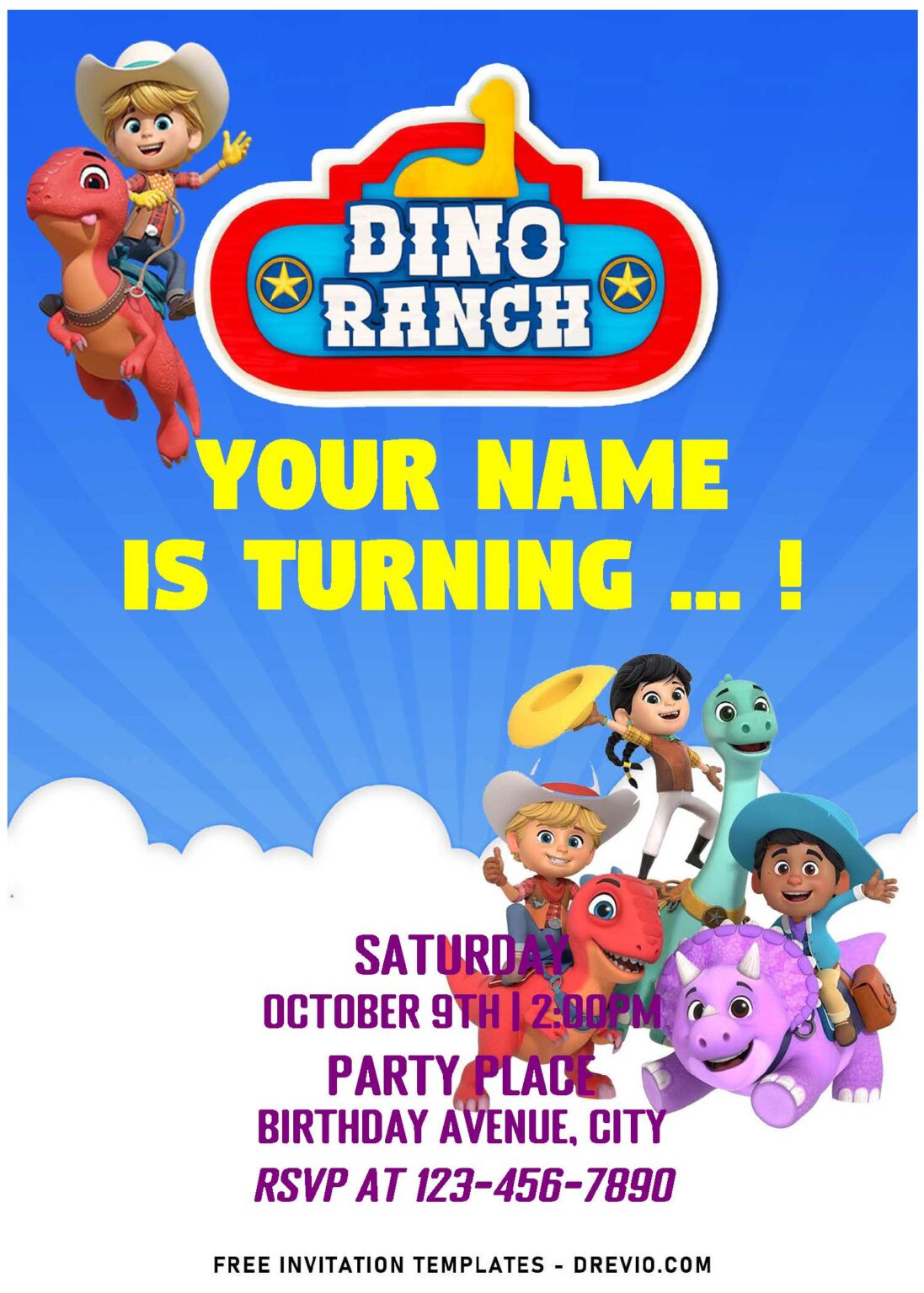 (Free Editable PDF) Playful Energetic Dino Ranch Birthday Invitation ...
