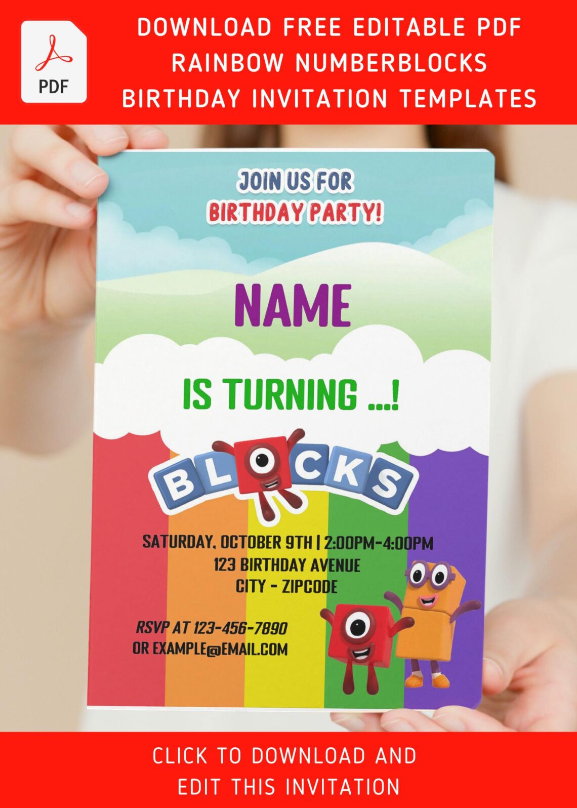 (Free Editable PDF) Rainbow Numberblocks Birthday Invitation Templates