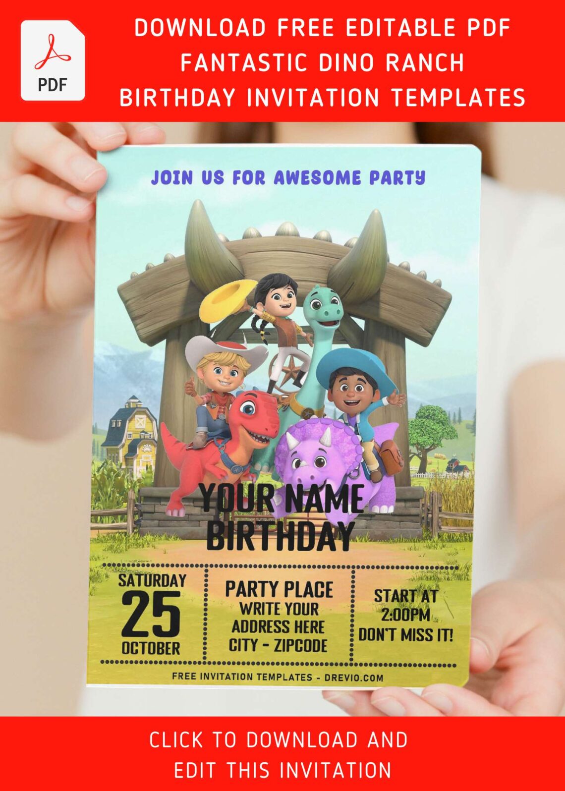 (Free Editable PDF) Pre-Westoric Dino Ranch Birthday Invitation Templates