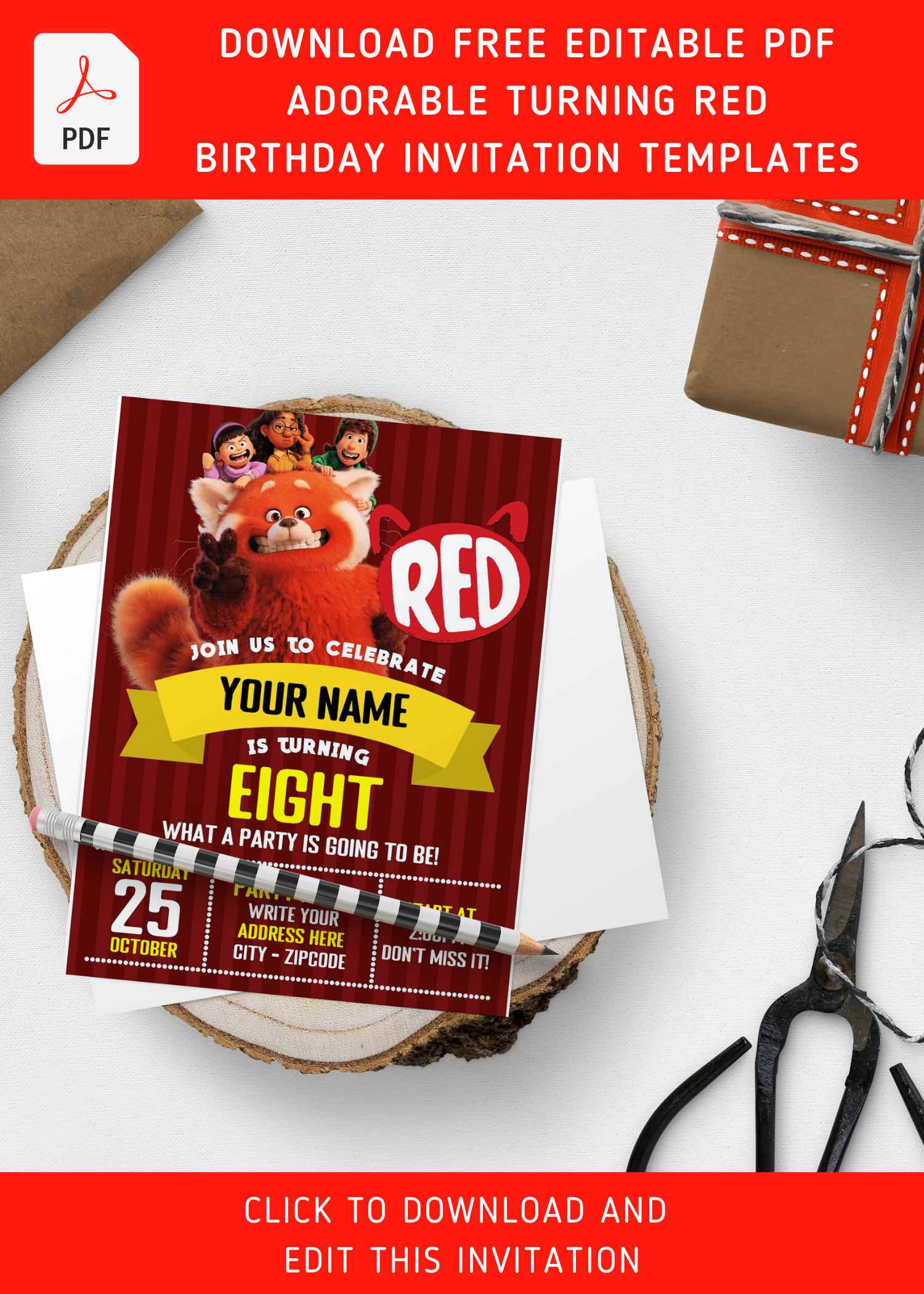 (Free Editable PDF) Playful Turning Red Birthday Invitation Templates