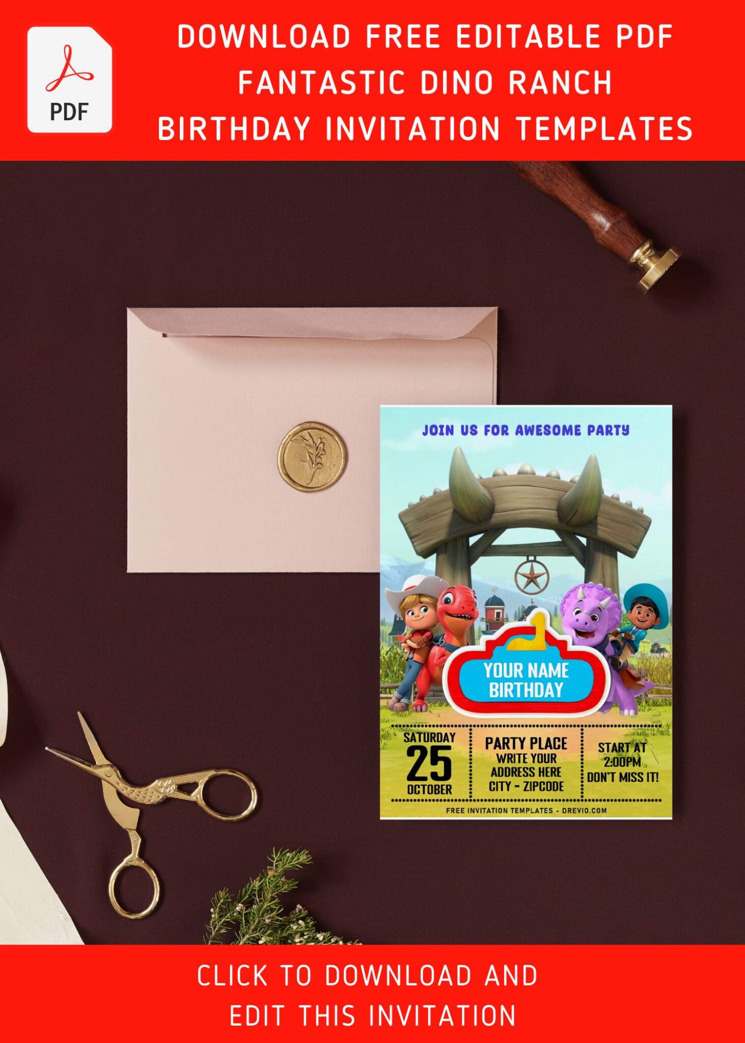 (Free Editable PDF) Pre-Westoric Dino Ranch Birthday Invitation Templates