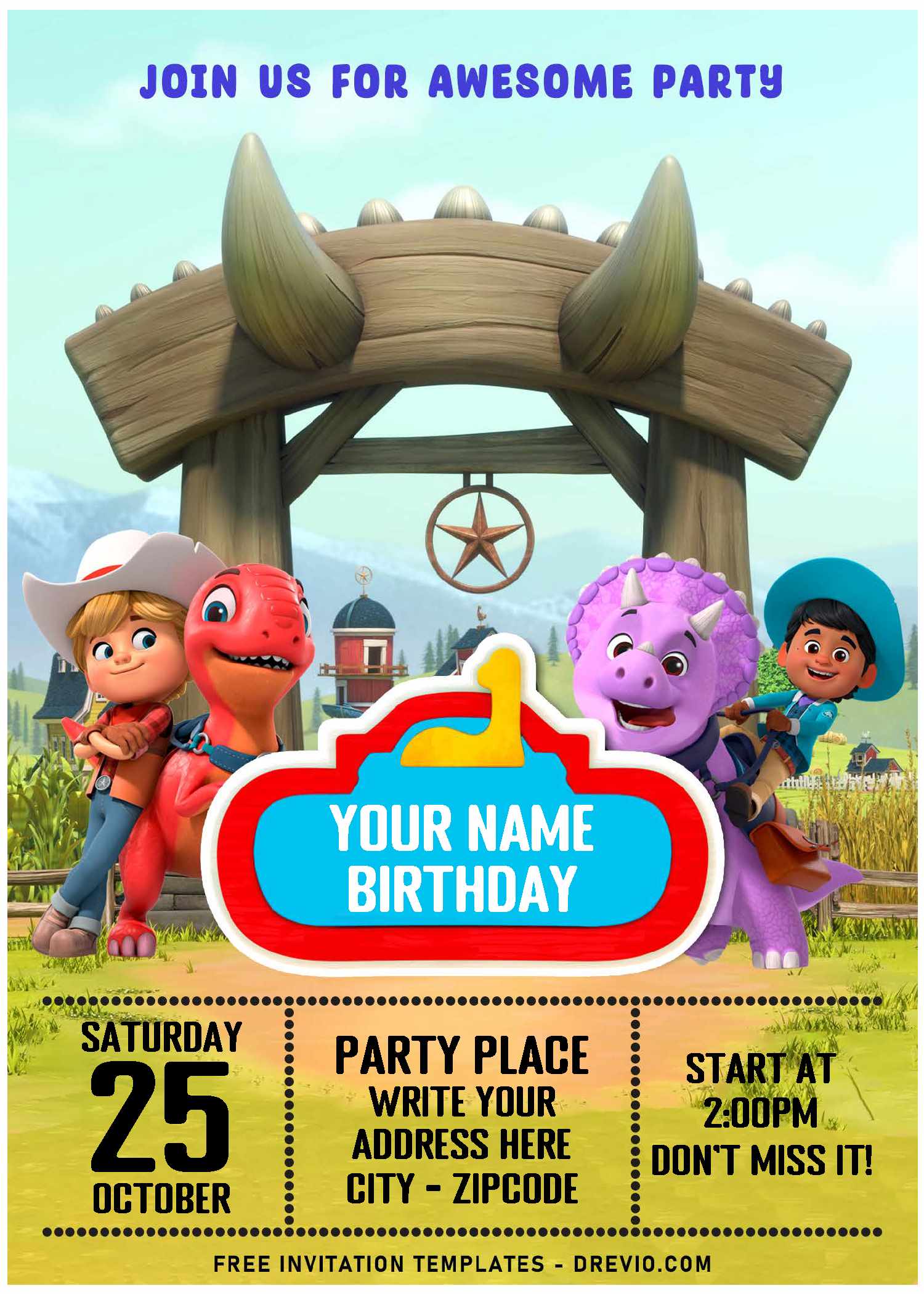 (Free Editable PDF) Pre-Westoric Dino Ranch Birthday Invitation Templates