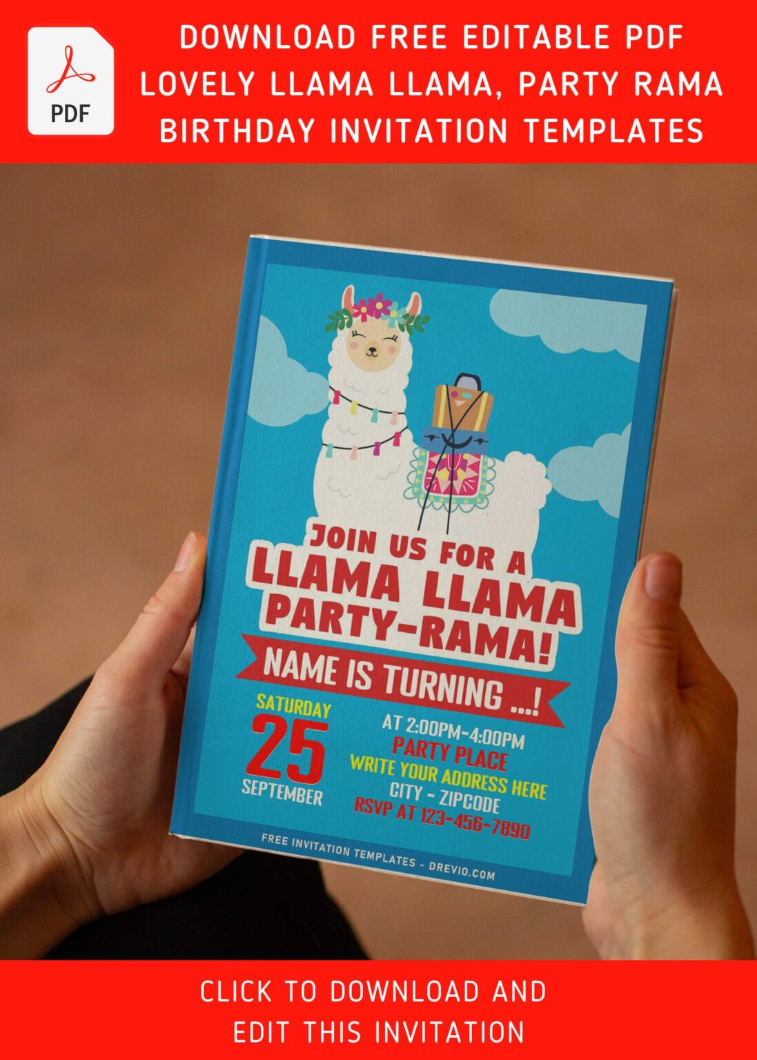 (Free Editable PDF) Lovely Llama Party-Rama Birthday Invitation Templates
