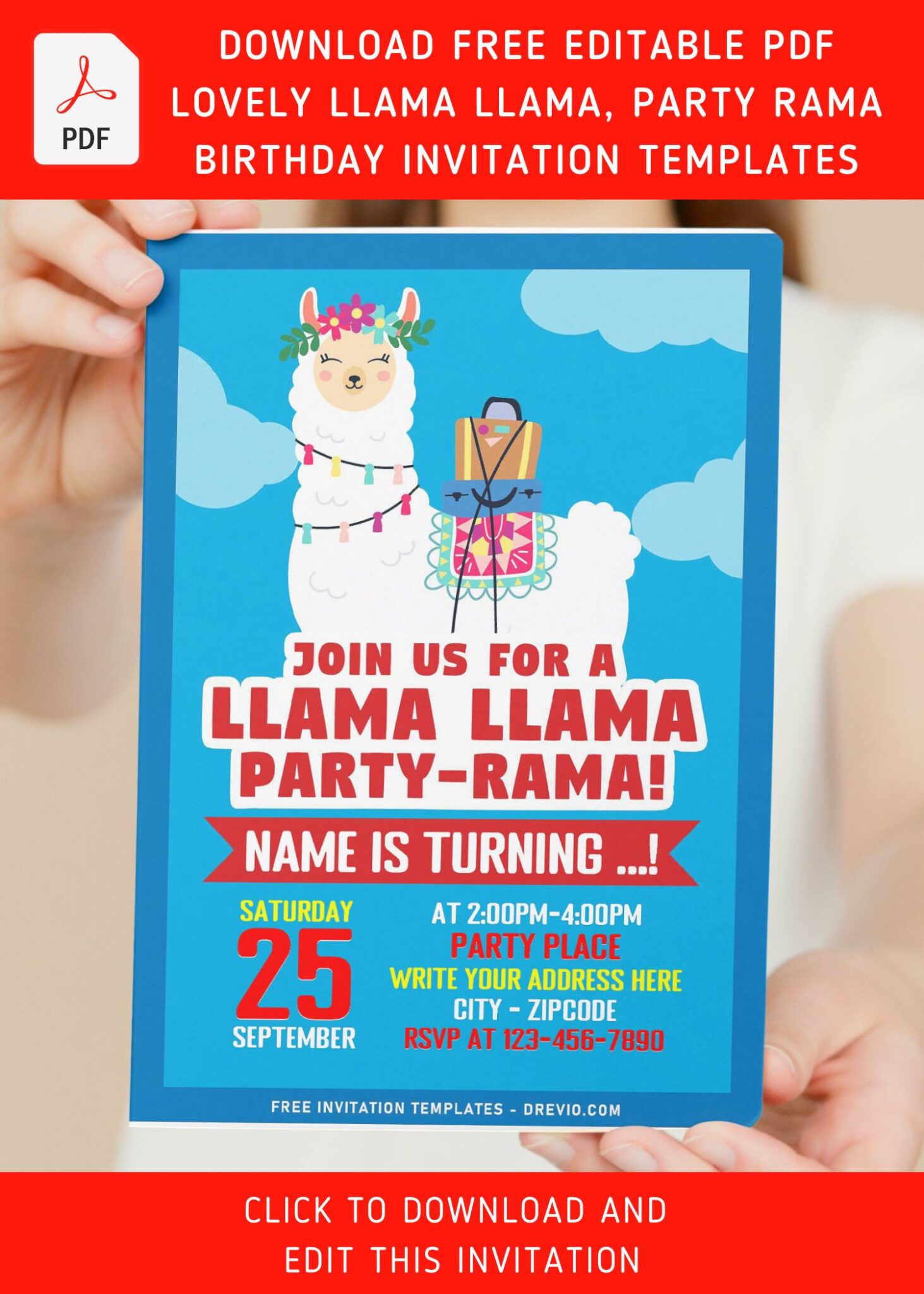 (Free Editable PDF) Lovely Llama Party-Rama Birthday Invitation Templates