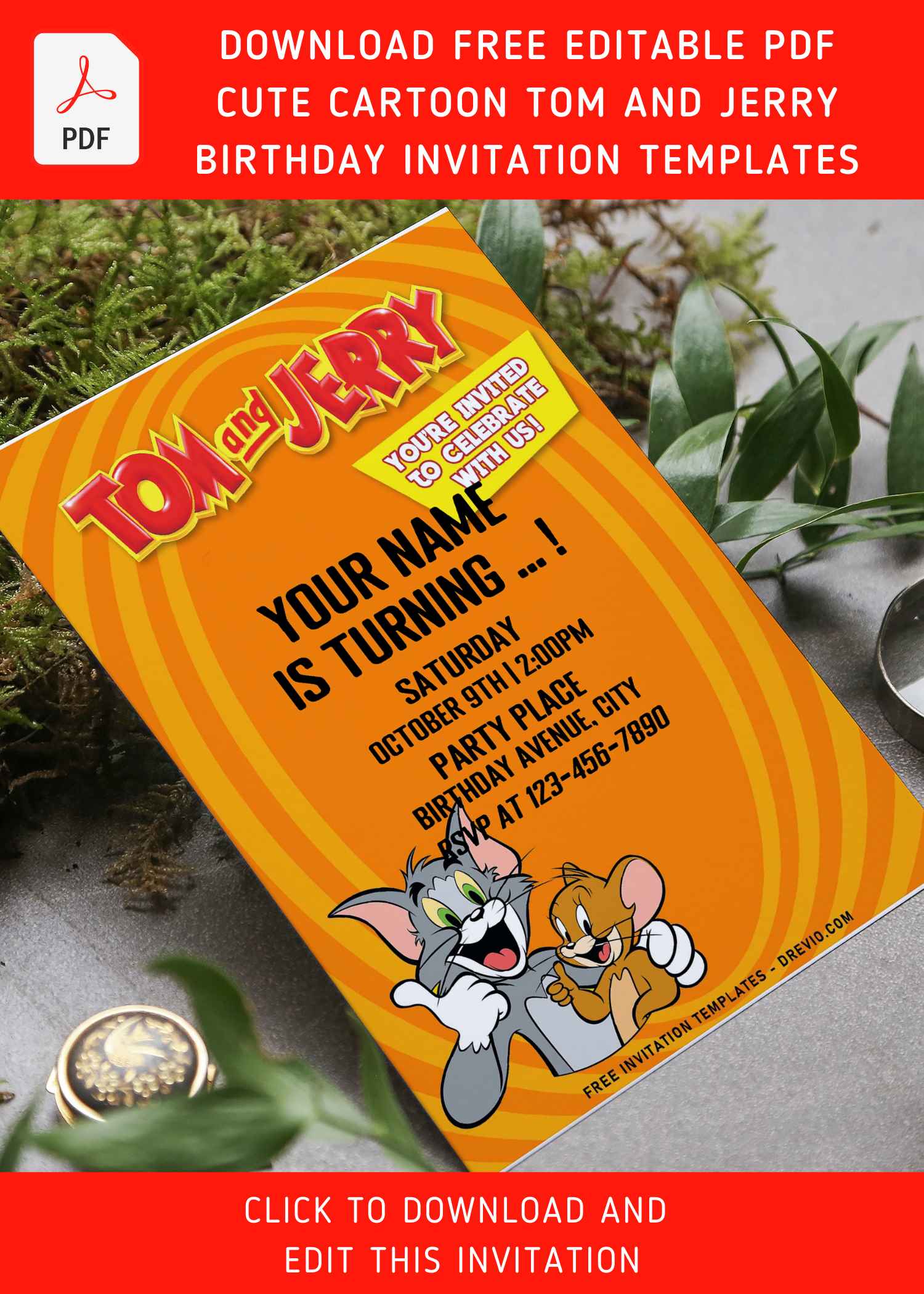 (Free Editable PDF) Classic Cartoon Tom And Jerry Birthday Invitation ...