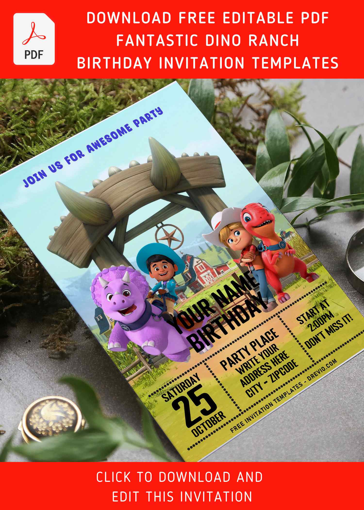 (Free Editable PDF) Pre-Westoric Dino Ranch Birthday Invitation Templates