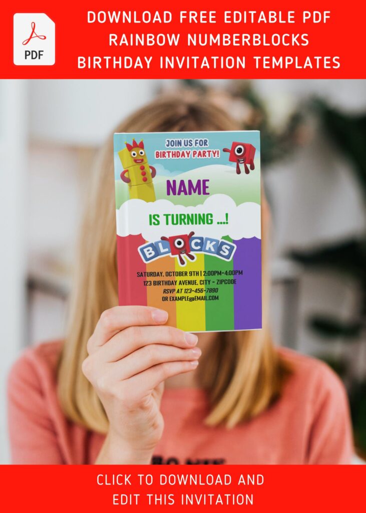 (Free Editable PDF) Rainbow Numberblocks Birthday Invitation Templates