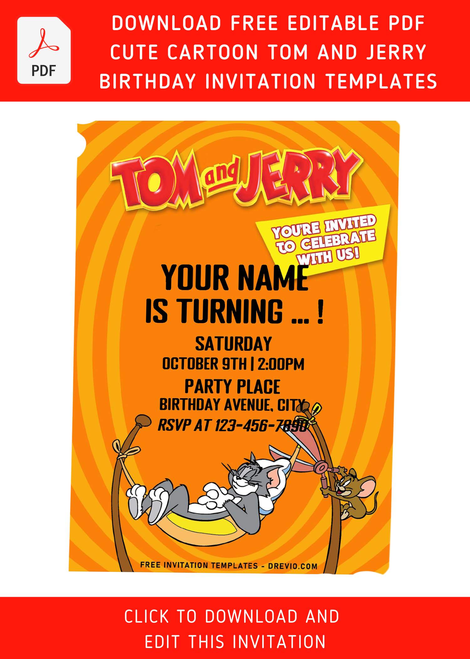 (Free Editable PDF) Classic Cartoon Tom And Jerry Birthday Invitation ...