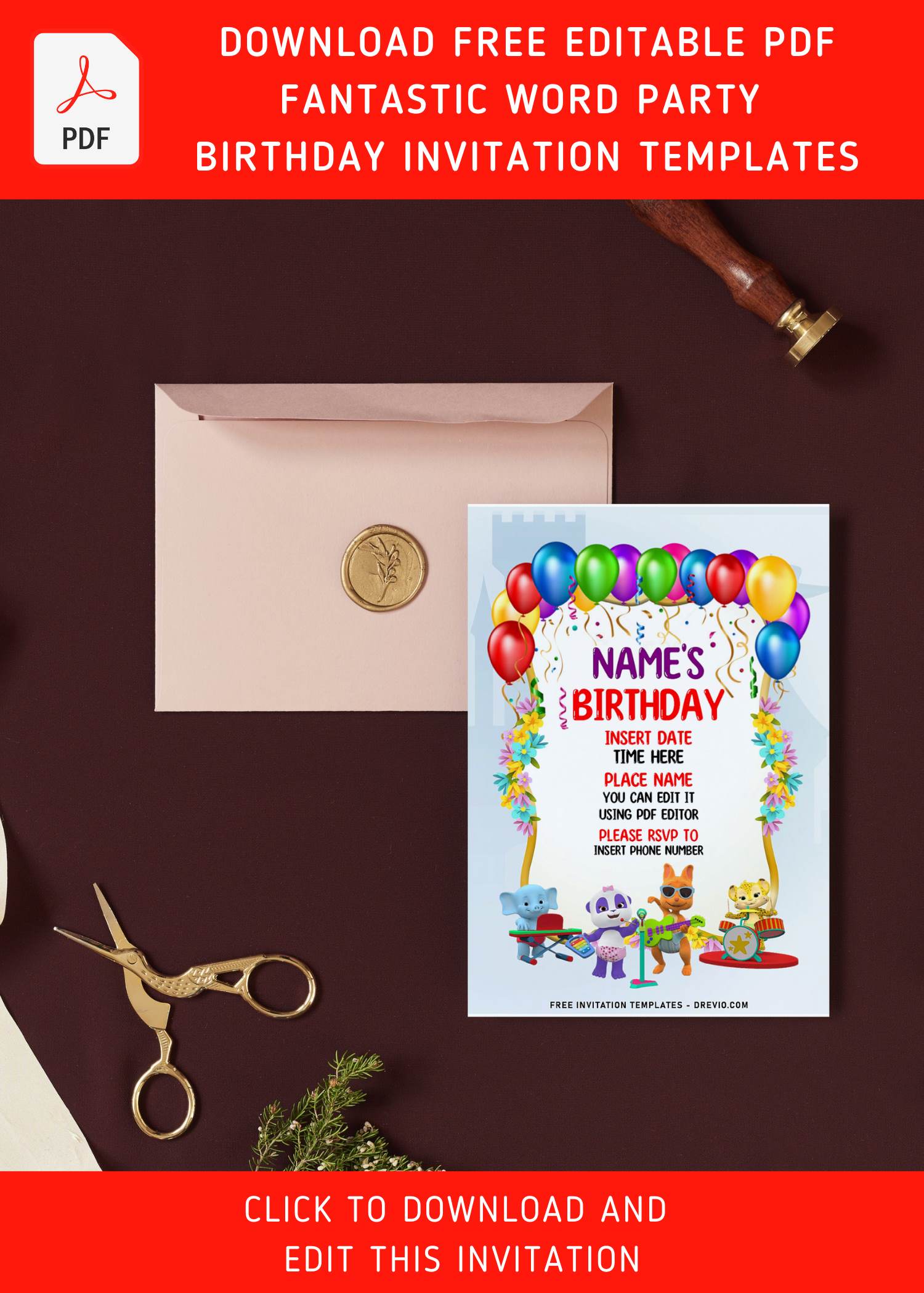 (Free Editable PDF) Cheerful Word Party First Birthday Invitation Templates