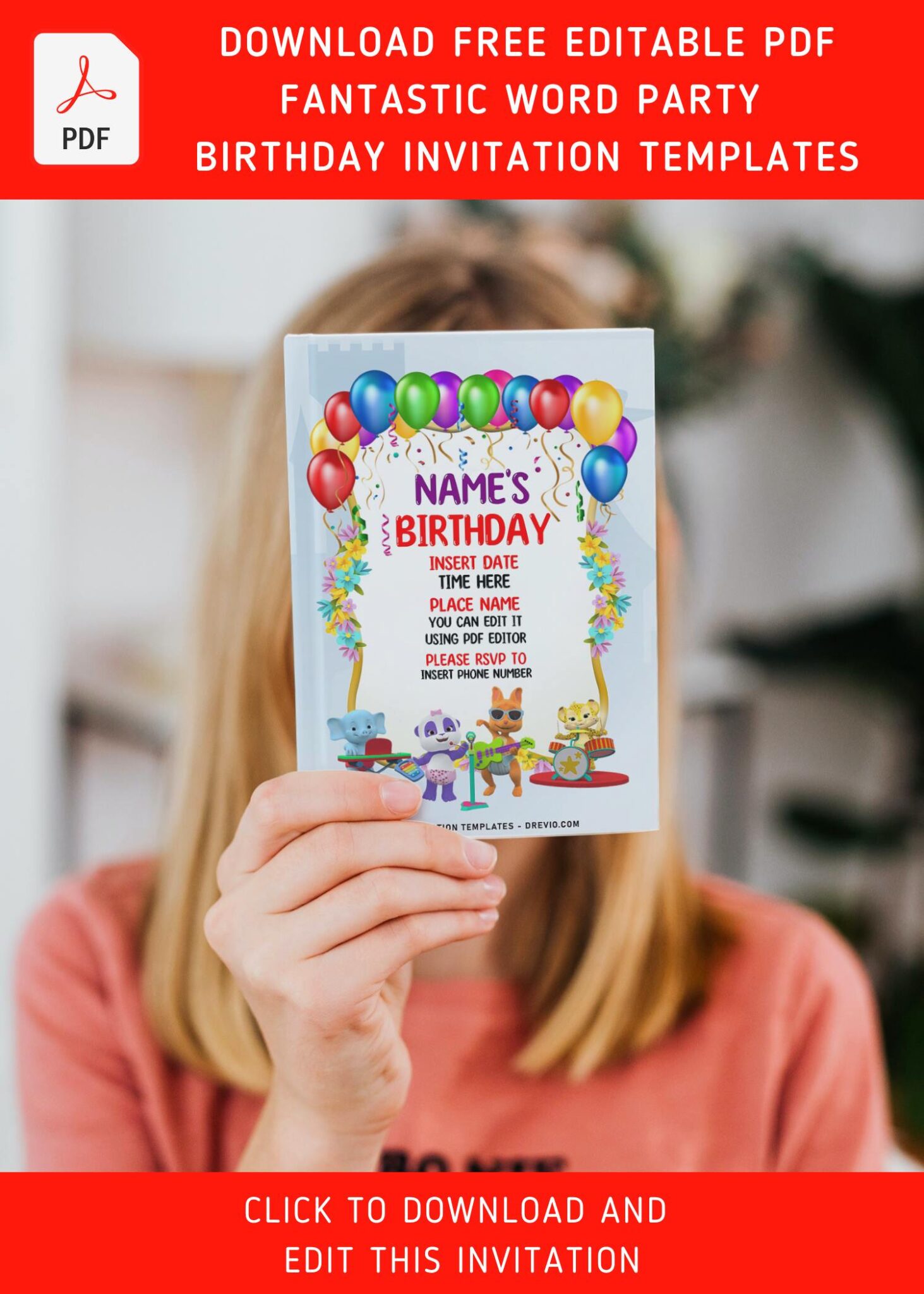 (Free Editable PDF) Cheerful Word Party First Birthday Invitation Templates