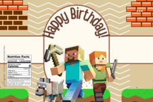 (Free Editable) Minecraft Canva Birthday Water Bottle Labels