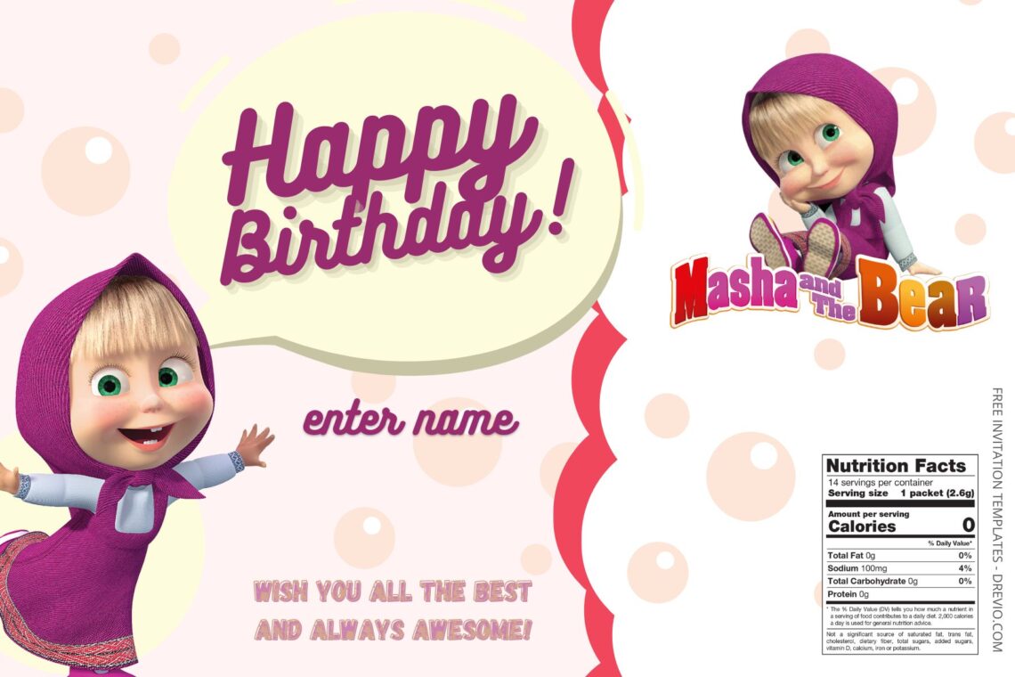 (Free) Masha And The Bear Canva Birthday Water Bottle Labels