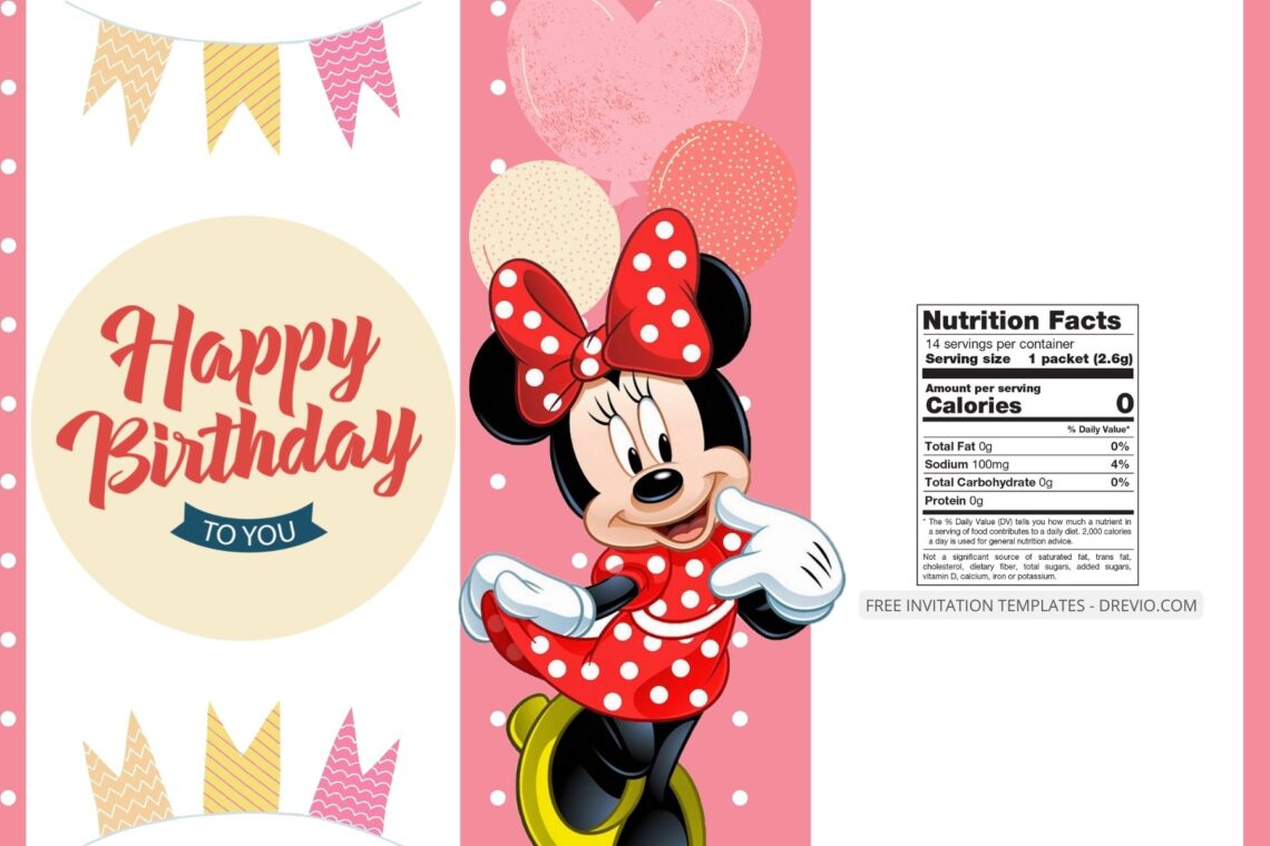 ( Free ) Minnie Mouse Canva Birthday Water Bottle Labels