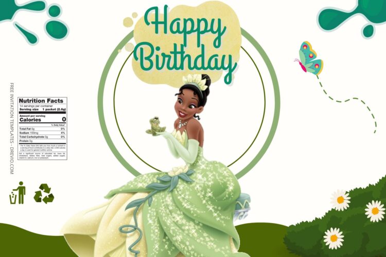 (Free) Princess Tiana Canva Birthday Water Bottle Labels