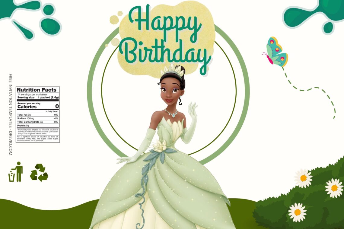 (Free) Princess Tiana Canva Birthday Water Bottle Labels