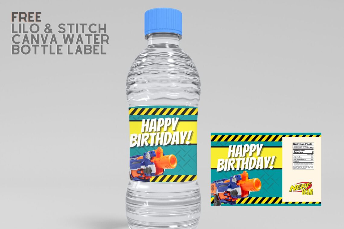 (Free Editable) Nerf War Canva Birthday Water Bottle Labels