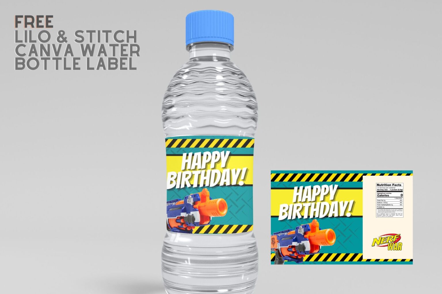 (Free Editable) Nerf War Canva Birthday Water Bottle Labels