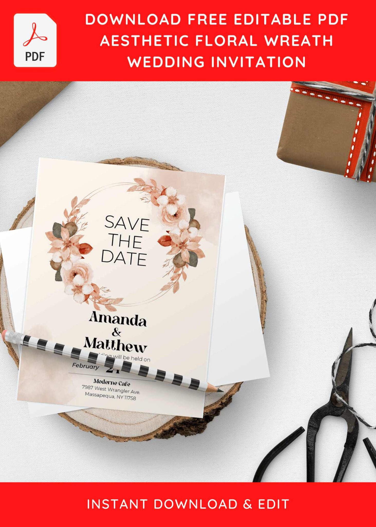 (Free Editable PDF) Simple Watercolor Wreath Wedding Invitation Templates