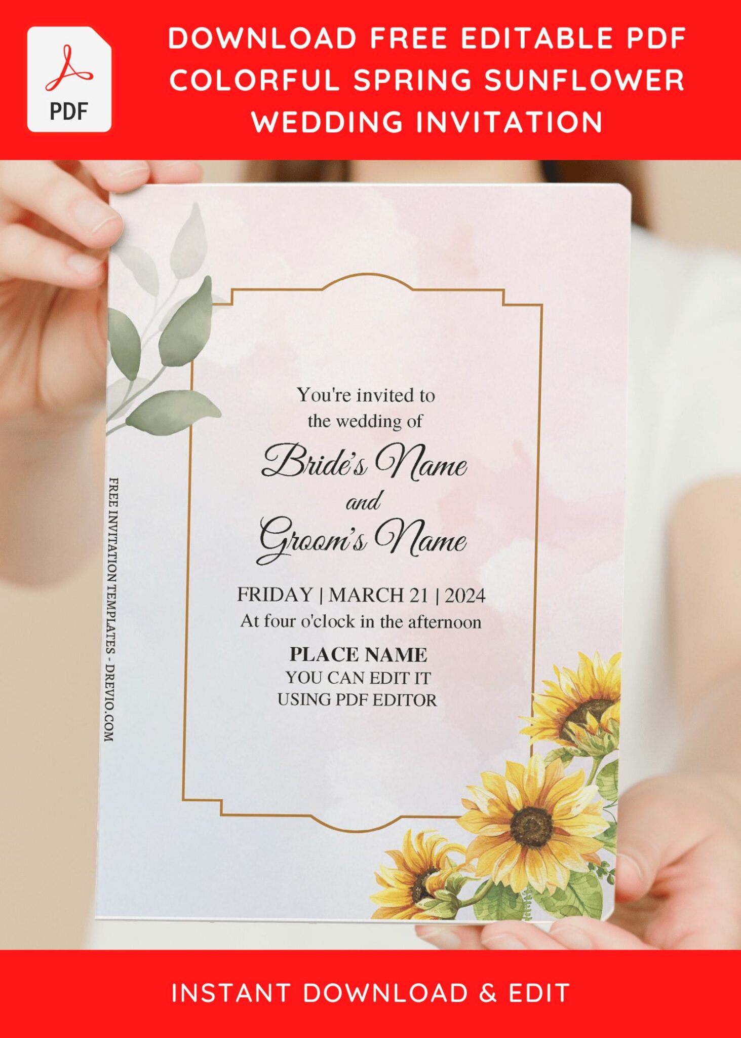 (Free Editable PDF) Colorful Spring Sunflower Wedding Invitation Templates