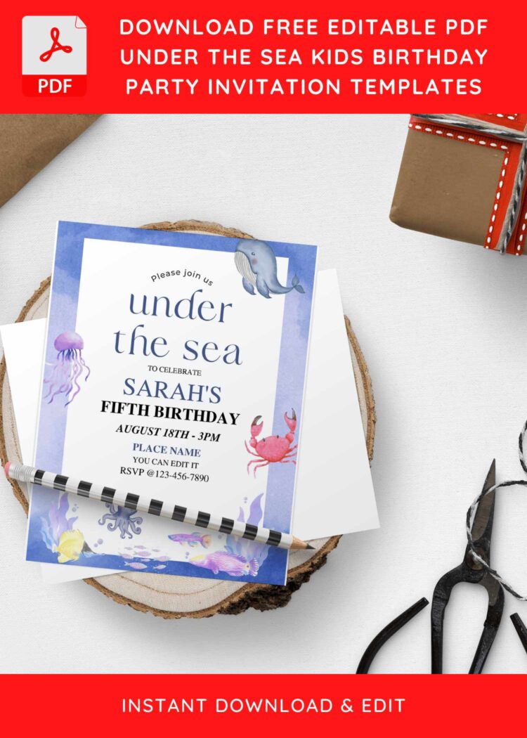(Free Editable PDF) Cute Watercolor Sea Themed Birthday Invitation ...