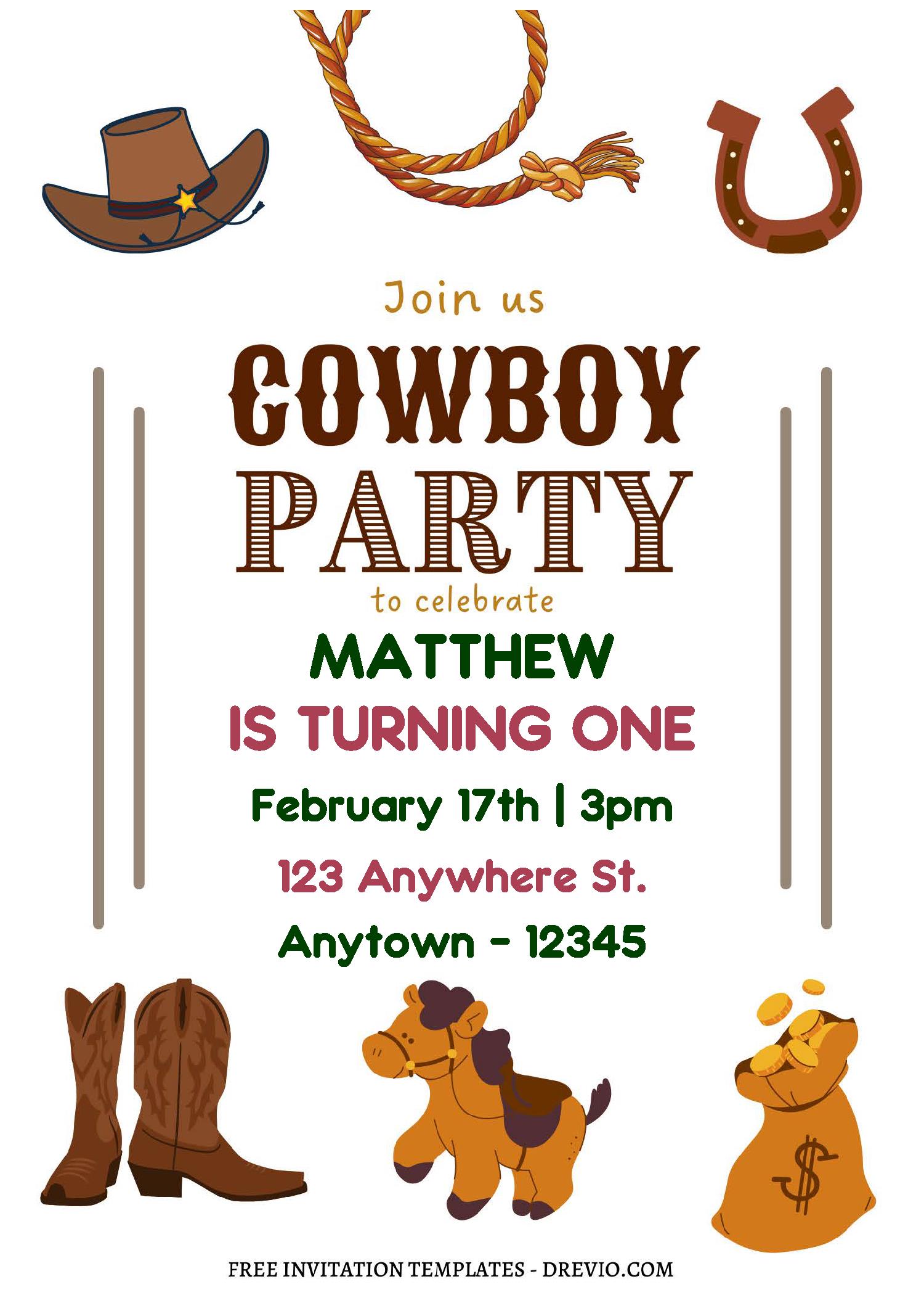 (Free Editable PDF) Fun Cowboy Western Theme Birthday Invitation Templates