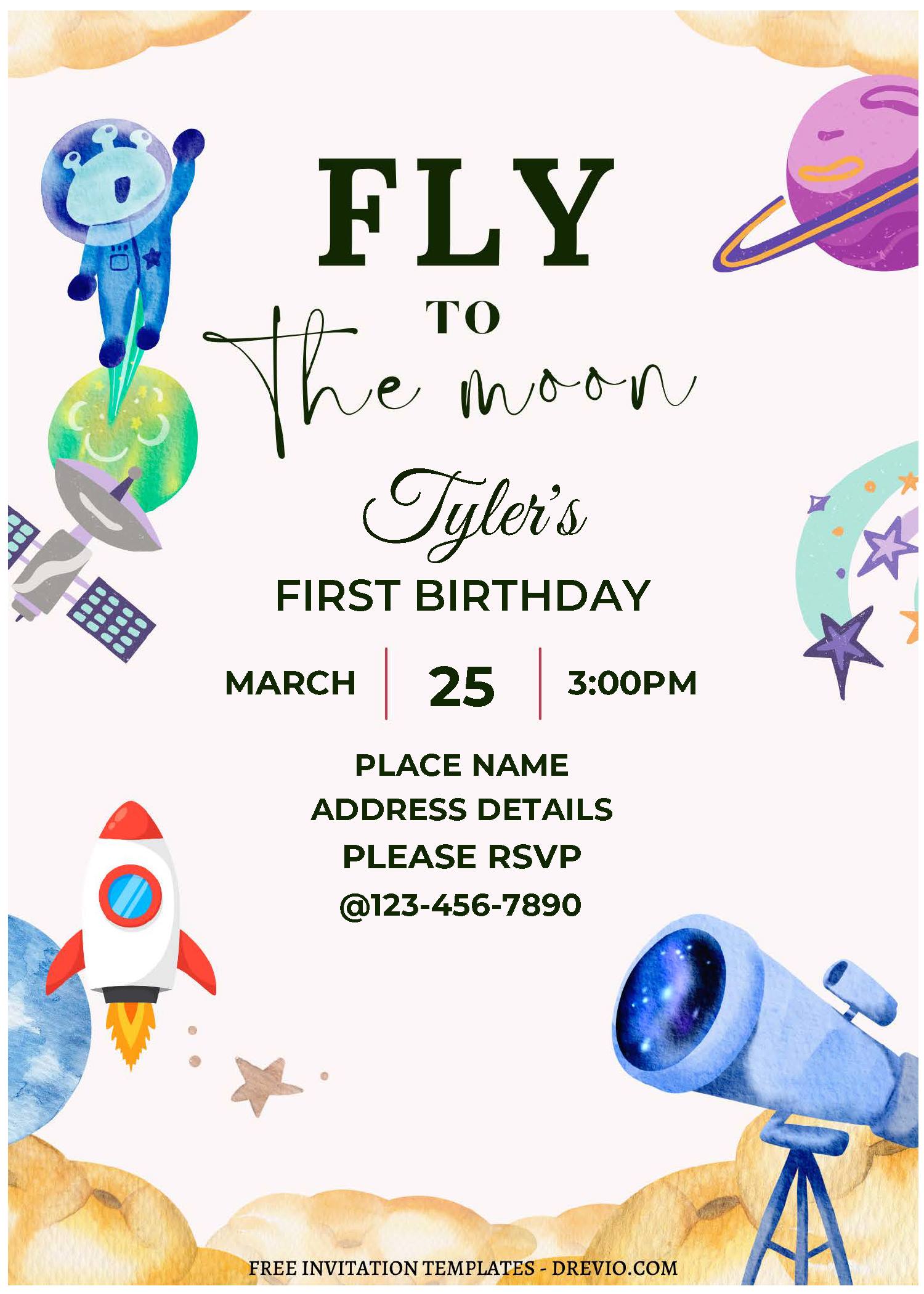 (Free Editable PDF) Fly To The Moon Space Theme Birthday Invitation ...