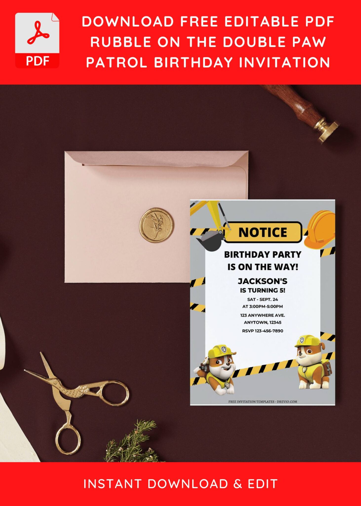 (Free Editable PDF) Rubble On The Double PAW Patrol Birthday Invitation ...
