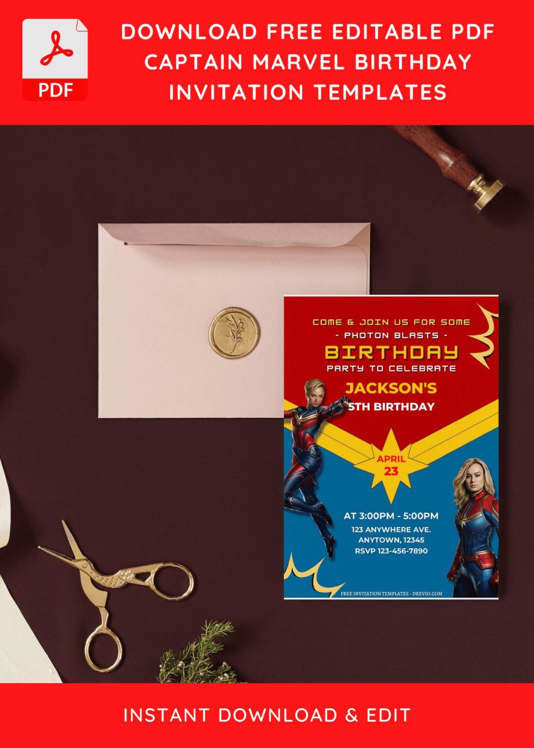 (Free Editable PDF) Captain Marvel Birthday Invitation Templates