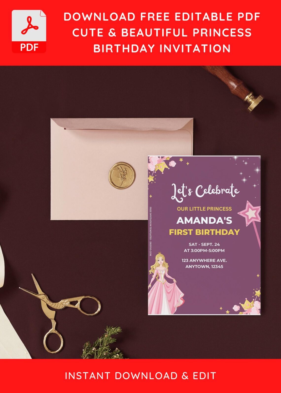 (Free Editable PDF) Pretty Pink Princess Themed Birthday Invitation ...