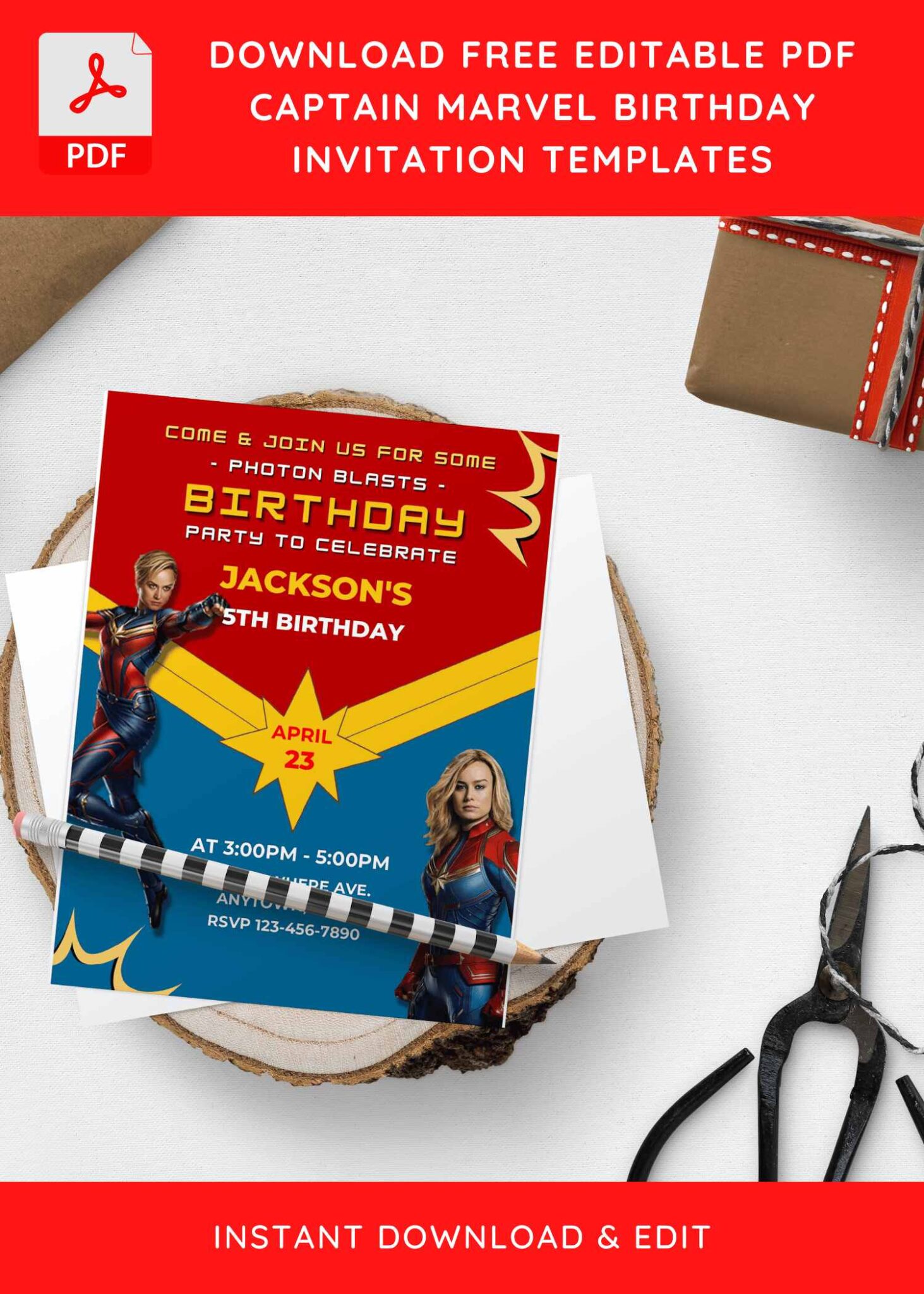 (Free Editable PDF) Captain Marvel Birthday Invitation Templates