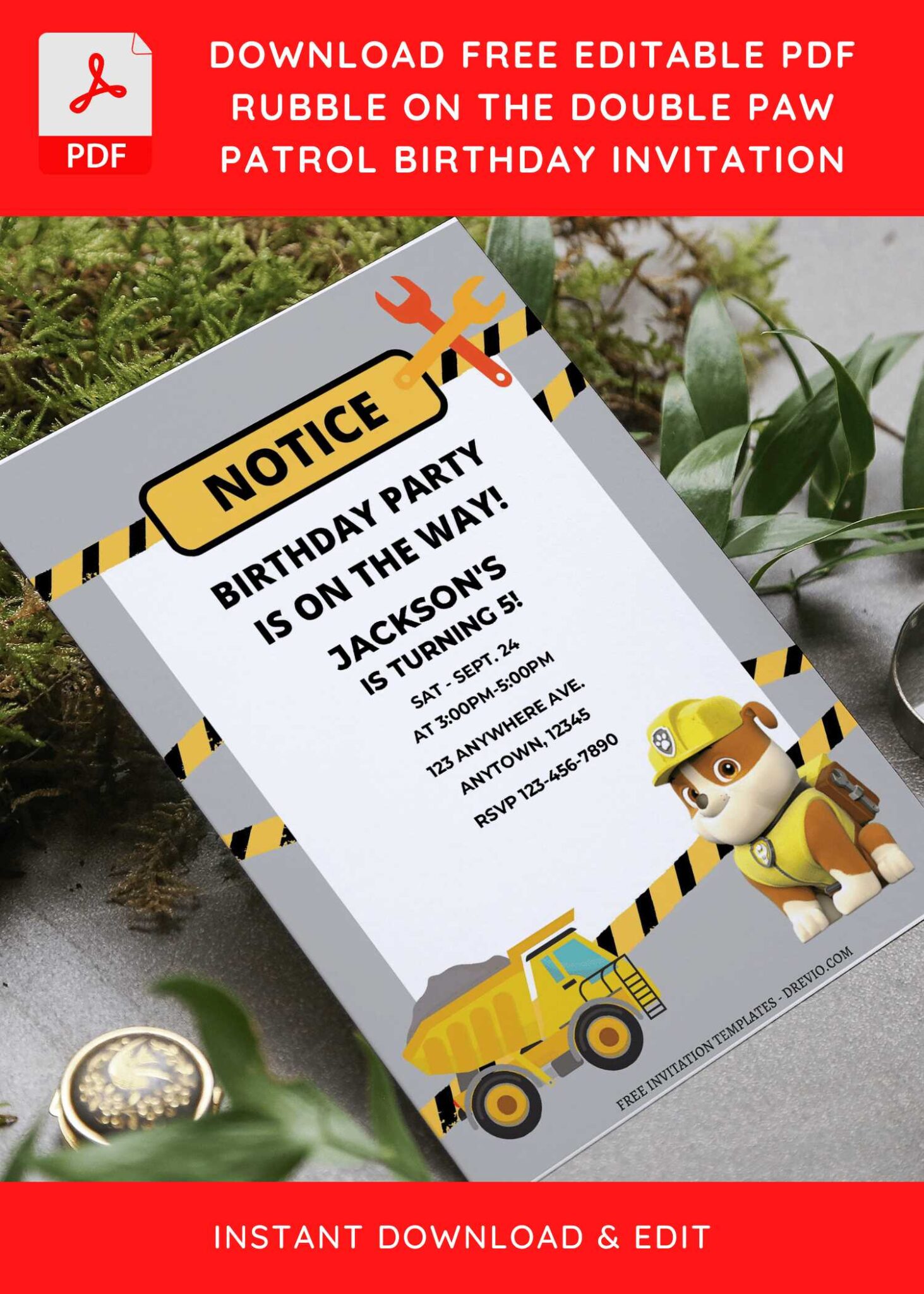 (Free Editable PDF) Rubble On The Double PAW Patrol Birthday Invitation ...
